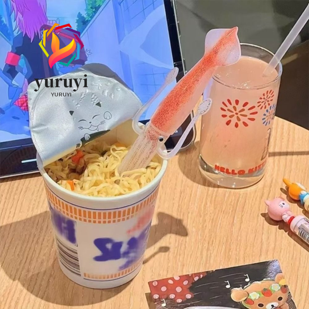 YURUYI เลือกอาหาร, ส้อมก๋วยเตี๋ยวปลาหมึกยักษ์ทนความร้อนรูปปลาหมึก, ตลกแบบพกพา 3-in-1 เครื่องมือ ...