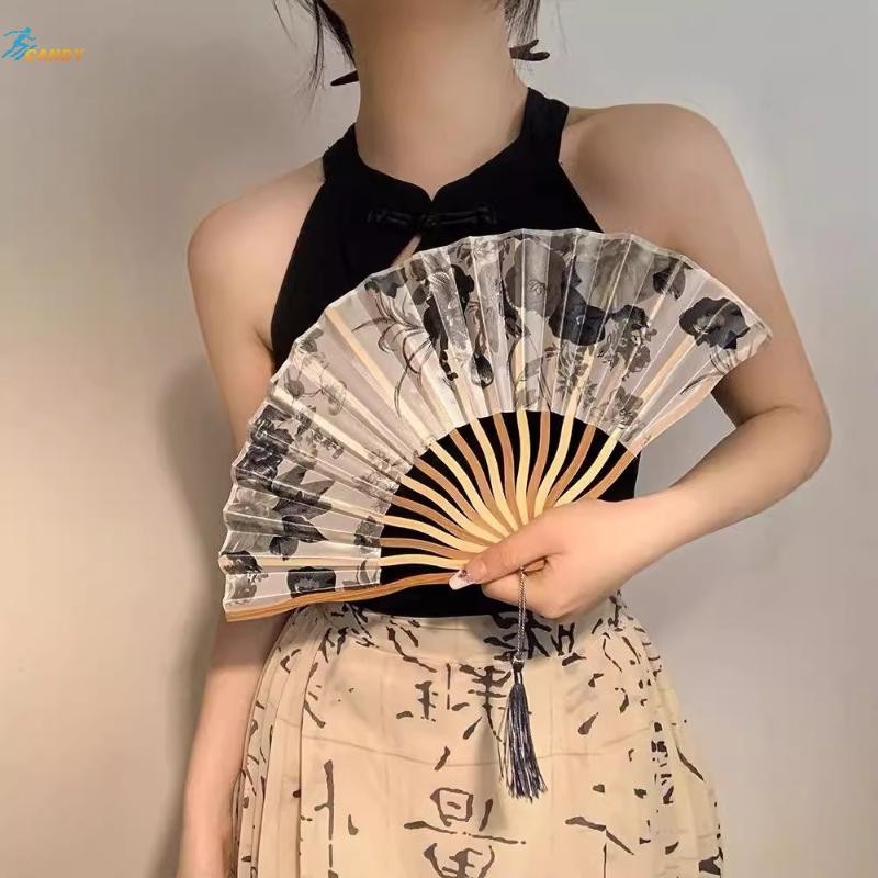 NDY แบบพกพาพับพัดลมใหม่สไตล์จีน Dance Props Retro Shell พัดลมผู้หญิงผู้ชายไม้ไผ่ไม้ดอกไม้ผ้าไหม ...