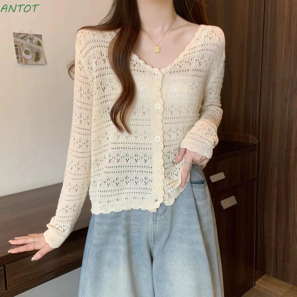 Antot เสื้อคาร์ดิแกนถัก, เสื้อคอวีกลวงออกเสื้อป้องกันแสงแดด, บางลําลอง ...