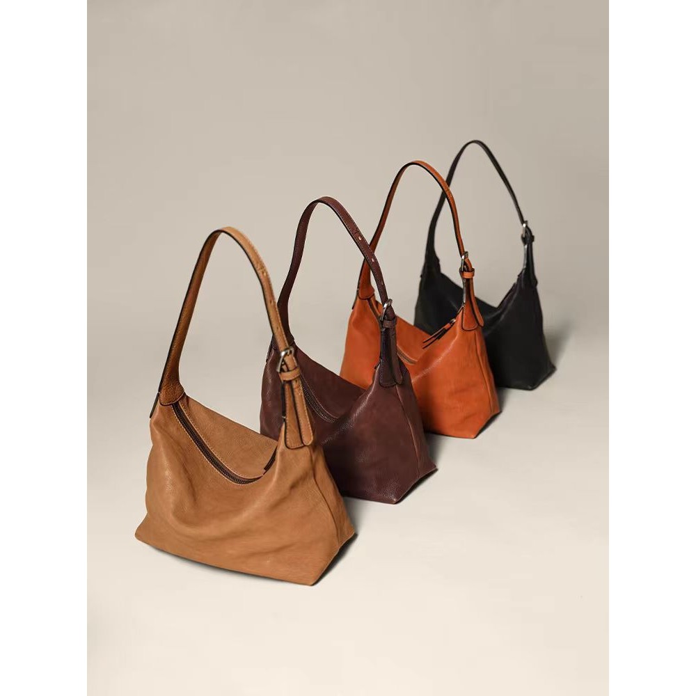Qiu Zhen ฟอกหนังวัวใต้รักแร้คลาสสิก Hobo กระเป๋าสบายๆไหล่เดียวกระเป๋าพร ...