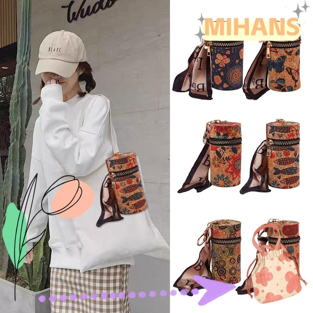 Mih Mini ลิปสติกกระเป๋า, PU ทรงกระบอกถัง, Retro Wood Grain การ์ตูนพิมพ์หูฟังกระเป๋าอุปกรณ์เสริม ...