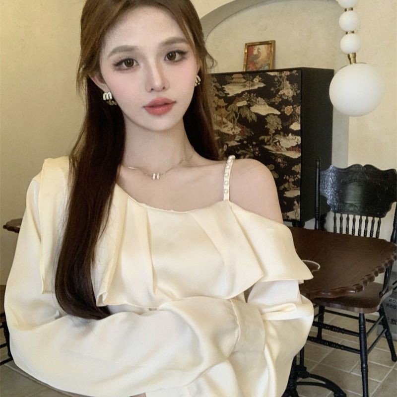 เสื้อปาดไหล่ผู้หญิงแขนยาวธรรมดาเสื้อสไตล์เกาหลีแฟชั่นซาตินท็อปส์2025 ...