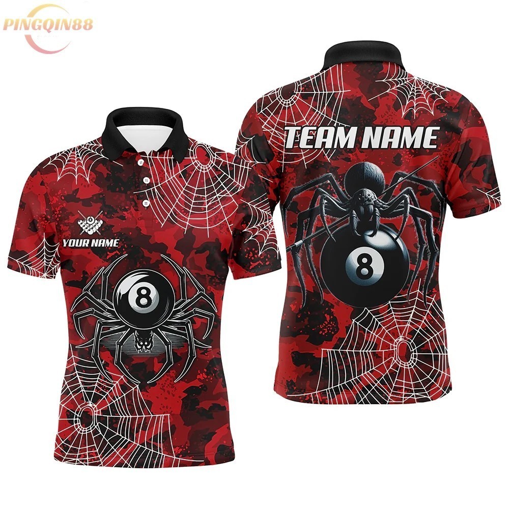 Red Camo Billiard Spider Cobweb Custom Men Polo & Quarter-Zip Shirts ...