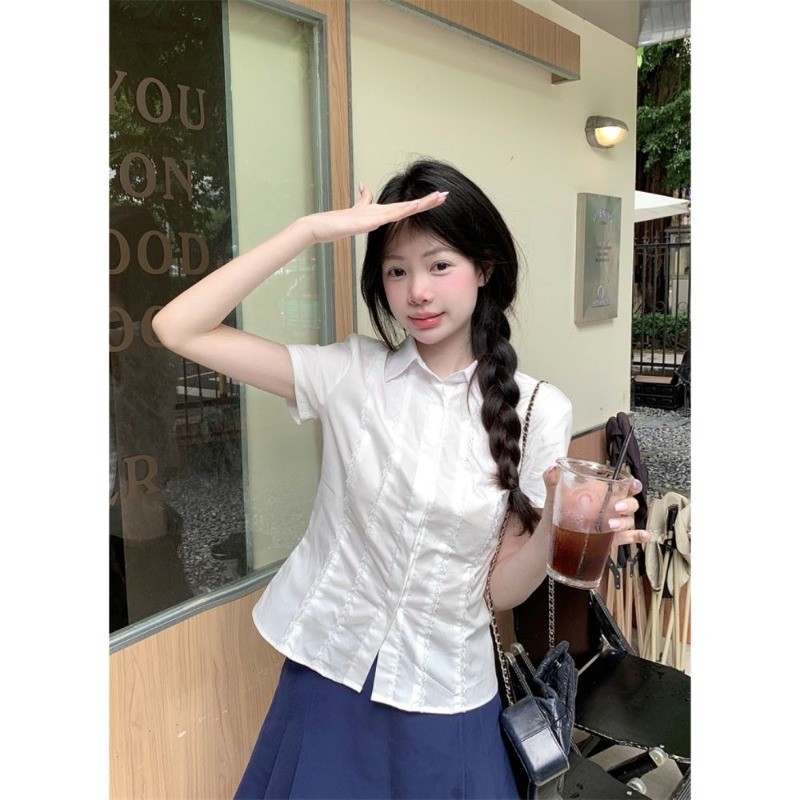 🧡LINNA🧡สีทึบ ลูกไม้ แขนสั้น เสื้อเชิ้ต ความเรียบง่าย เวอร์ชั่นเกาหลี ...