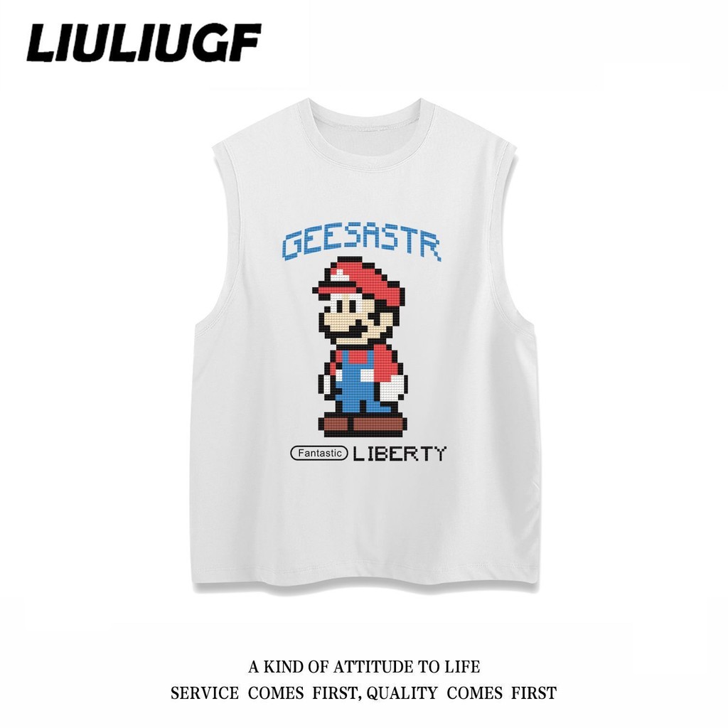 American Street Wear Super Mary Pixel สไตล์พิมพ์เสื้อยืดแขนกุด Street ...