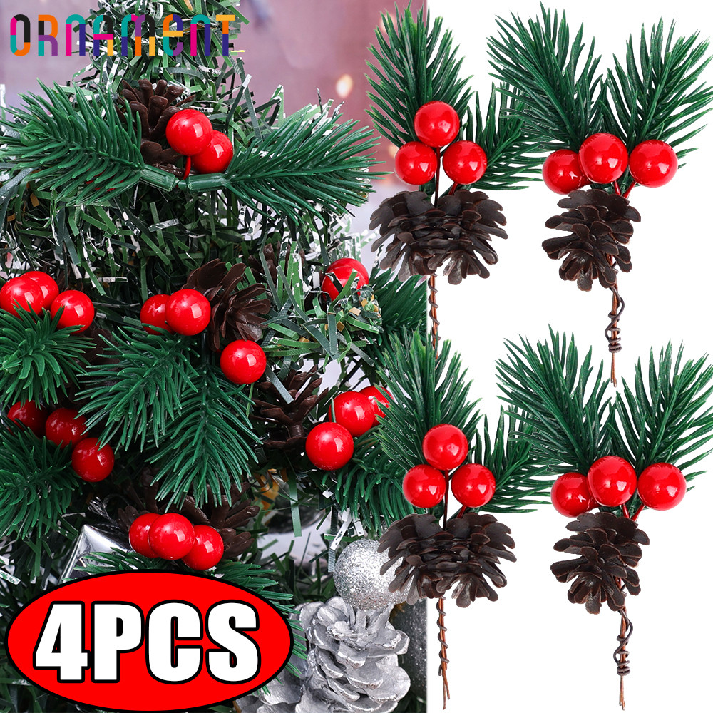 4 ชิ้นคริสต์มาส Pinecone Holly Branches - เข็มสนพืชปลอม - เครื่องประดับ ...