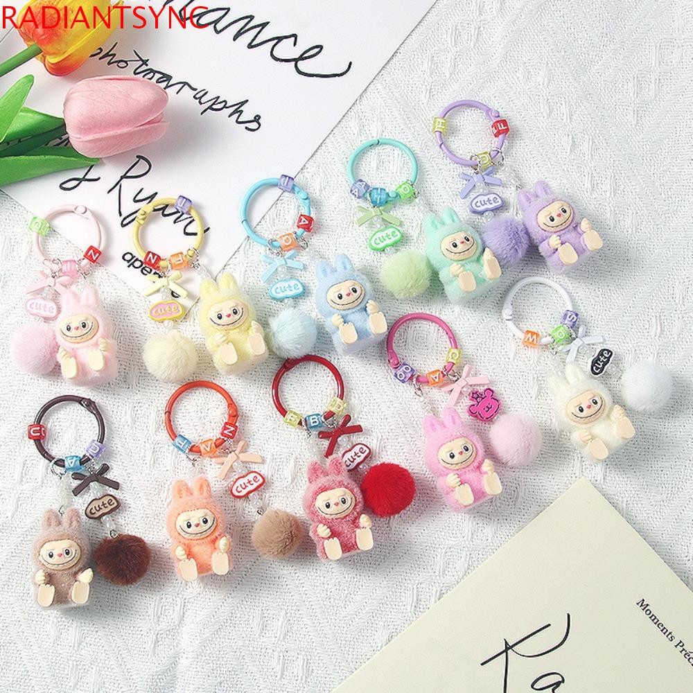 Radiantsync นั่งลง Labubu จี้, ลูกปัดดอกไม้ Flocking Labubu พวงกุญแจ, น่ารัก Plush Ball Handmade ...