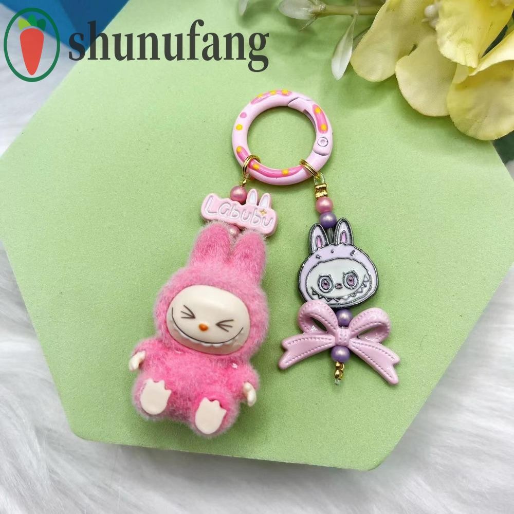 UNUF Flocking Labubu Key Ring, ซิลิกาเจลโบว์นั่งลง Labubu จี้, Creative ...