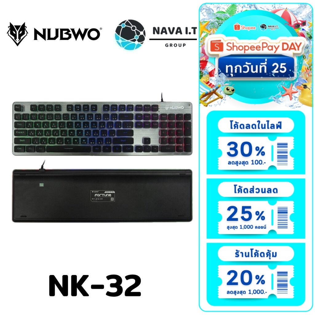 🛵มีส่งด่วน💨 NUBWO NK-32 คีย์บอร์ดเกมมิ่ง GAMING KEYBOARD FORTUNE SILVER/BLACK รับประกัน 1ปี ...