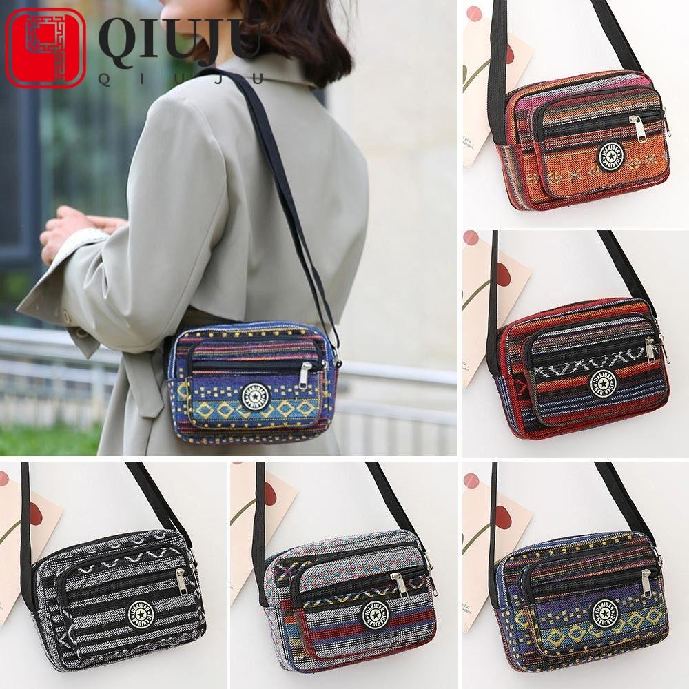 กระเป๋าสะพายข้าง QIJU, กระเป๋าสะพายไนลอนพิมพ์ลายแถบหลายชั้น, Casual Vintage Classic Tote Bag ...