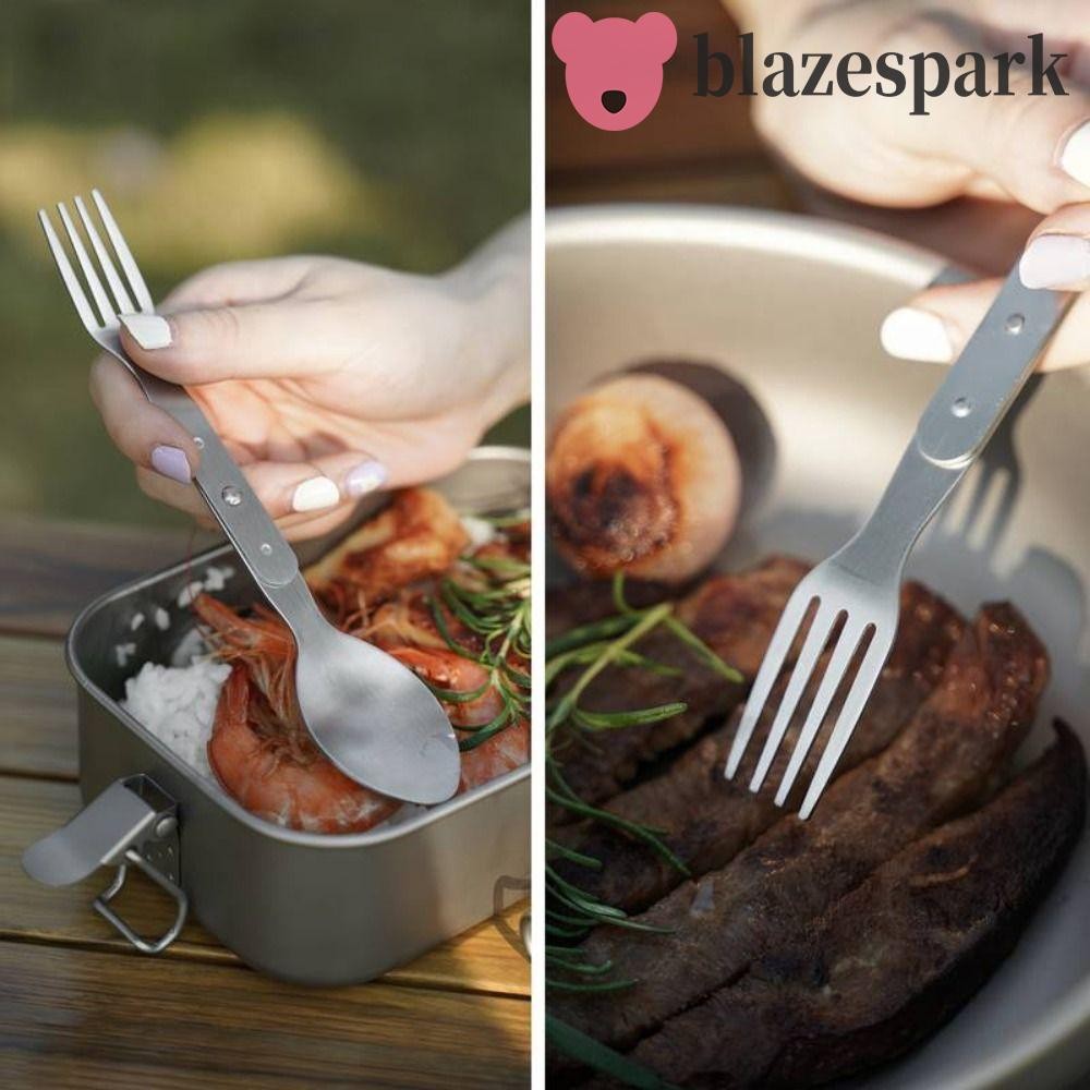 Blazespark ส้อมพับได้ 2-in-1, ช้อนแคมป์ปิ้งสแตนเลส 304, ช้อนและส้อมแบบพกพาสีเงินสร้างสรรค์ปิคนิค ...