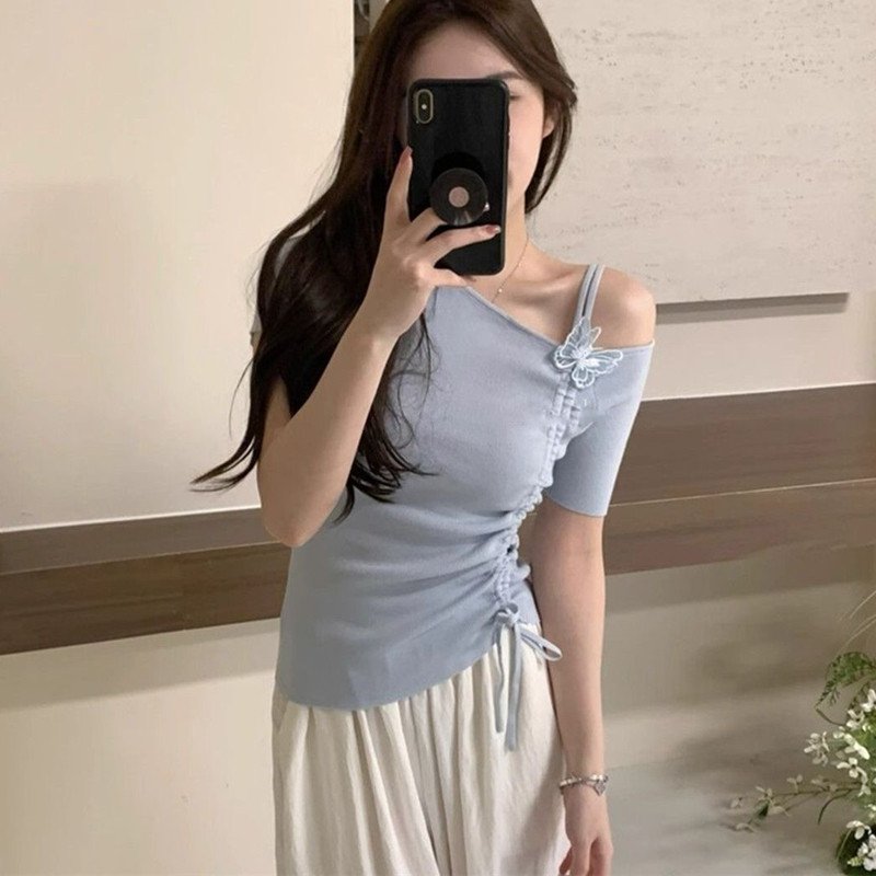 ท็อปแขนสั้นถักผู้หญิงฤดูร้อนผ้าไหมบางใหม่ไม่ซ้ำใครคอวีผีเสื้อแบบผูก ...