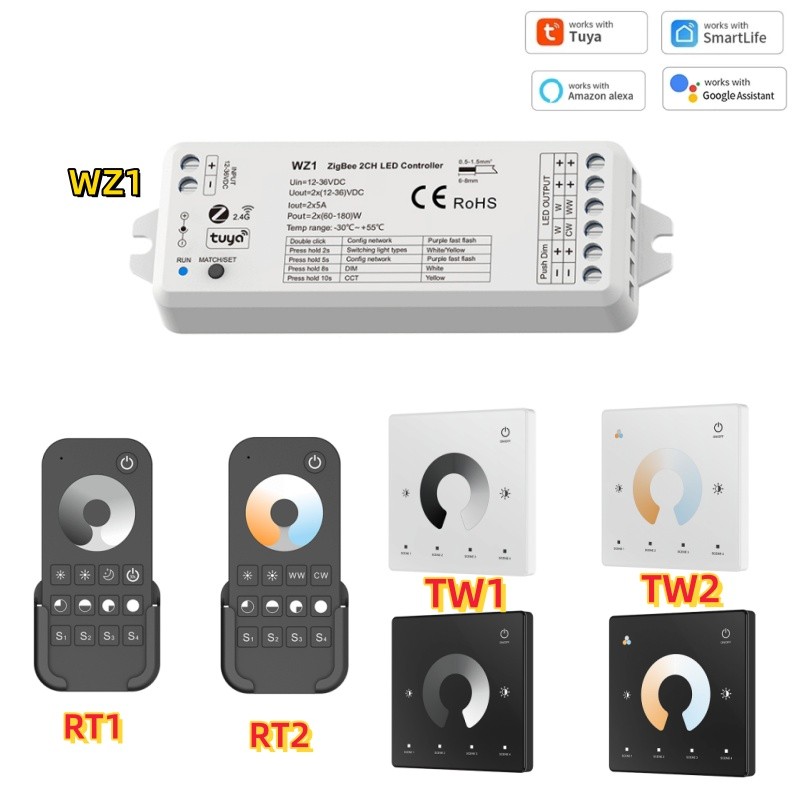 Wz1 Tuya LED Controller ZigBee 2CH*5A ไร้สาย RF Dimmer RT1 RT2 TW1 TW2 แผง Controller DC12-24V ...