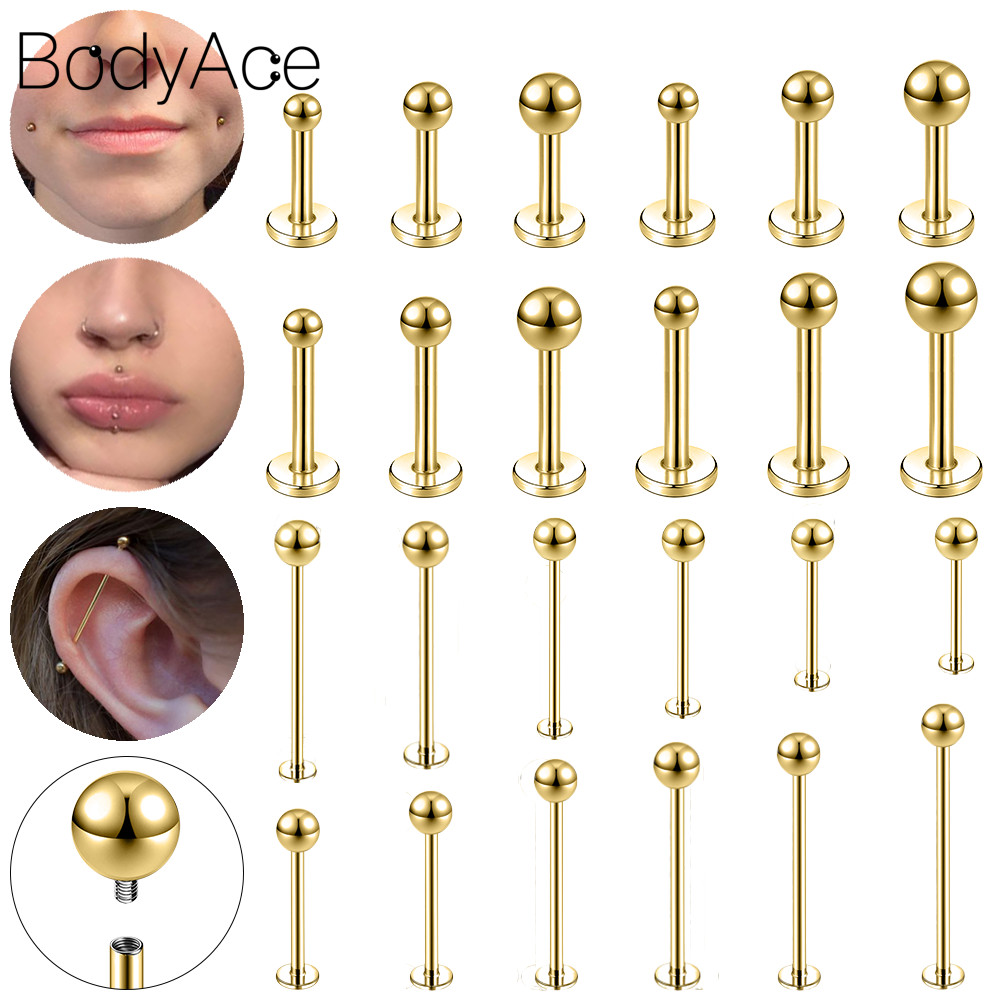 Bodyace 1 PC Lip Piercing Gold Dimple Stud สแตนเลสหูสตั๊ดภายในเกลียว ...