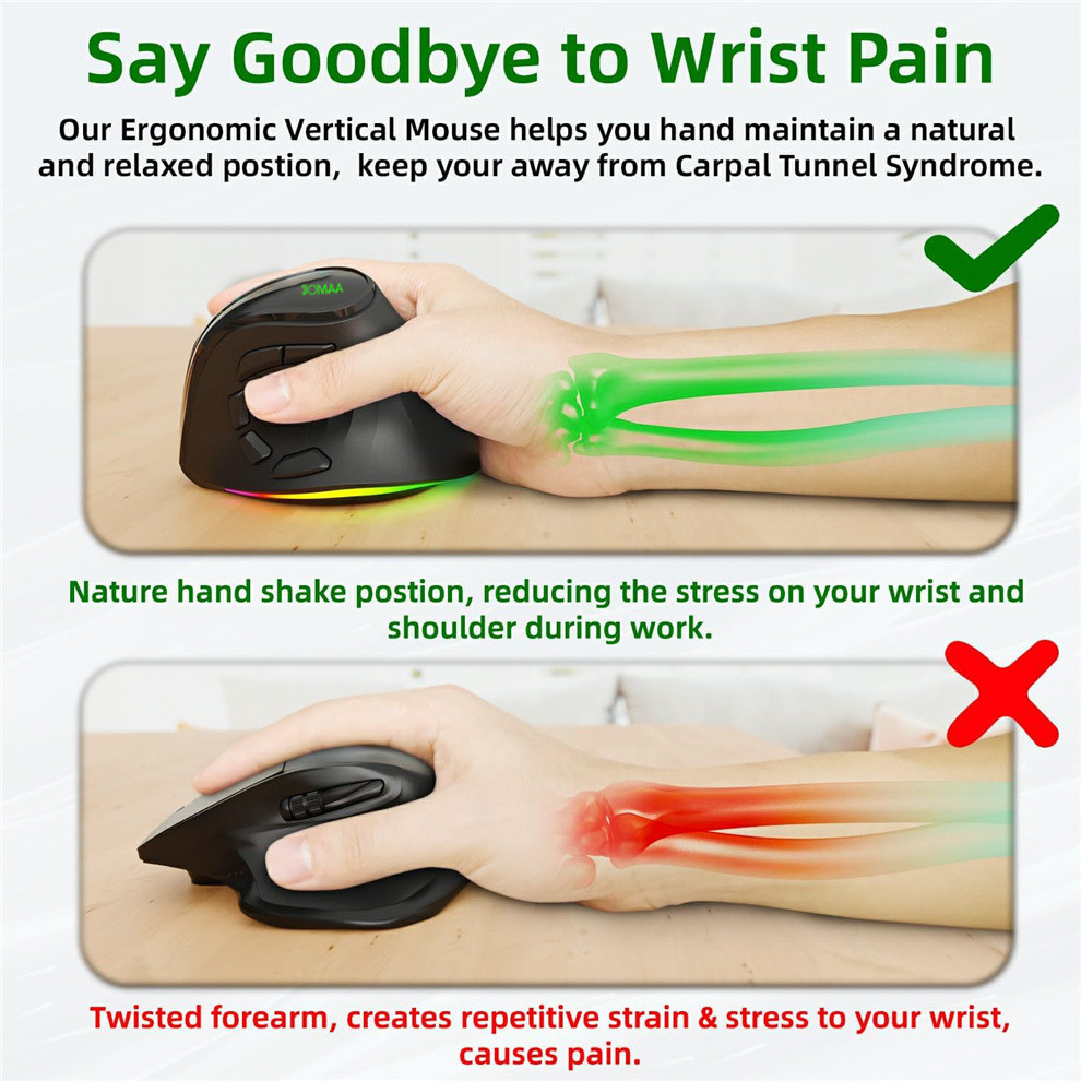 Jomaa 2.4G + Bluetooth เมาส์ไร้สายแนวตั้งตามหลักสรีรศาสตร์ 4000 DPI RGB Backlit เมาส์ไร้สายแบบ ...