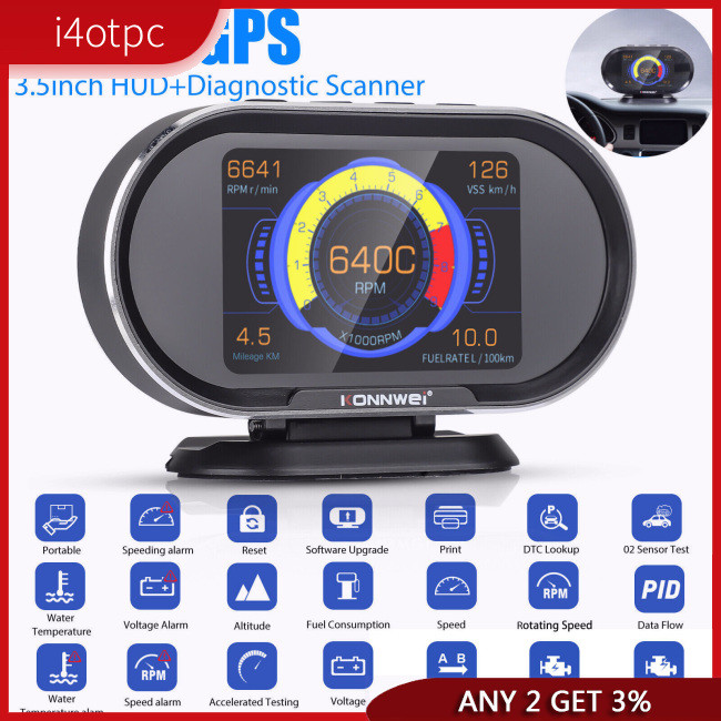 I4otpc Kw206 2 In 1 รถ Fault Scanner Obd2 Gps Digital Speedometer Hud Head Up จอแสดงผลนาฬิกาปลุก ...