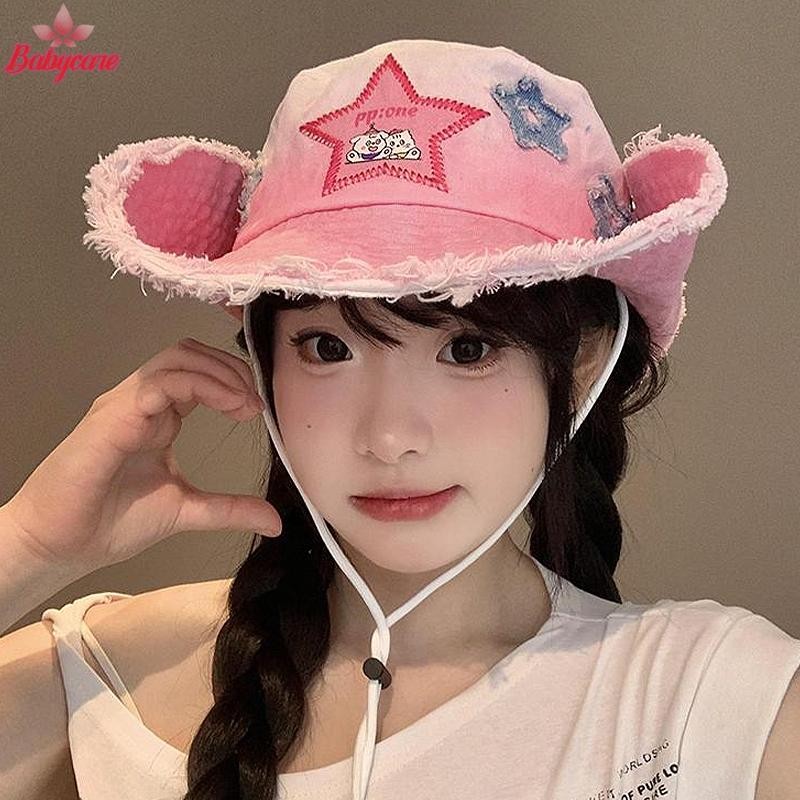 BYCE> 2025 ใหม่สีชมพูดาวหวานเย็นหมวกปีนเขาผู้หญิงคาวบอยตะวันตกหมวกใบ ...