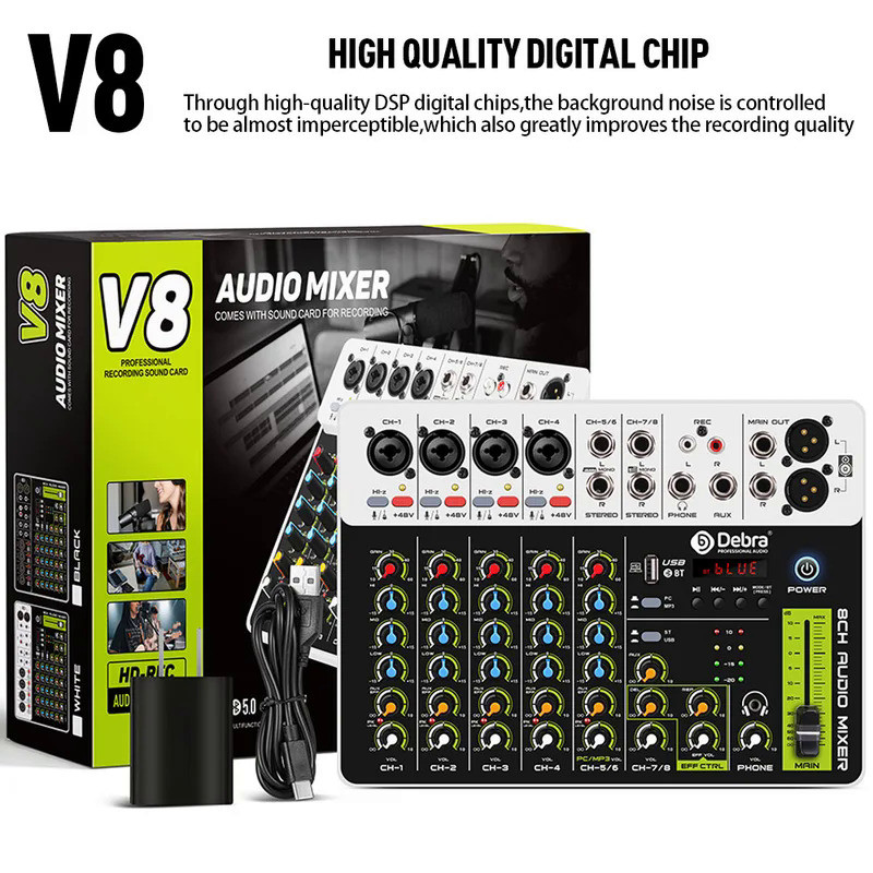 FROKET V8 Audio Mixer DJ Controller Mixing Bluetooth Phantom Power ...
