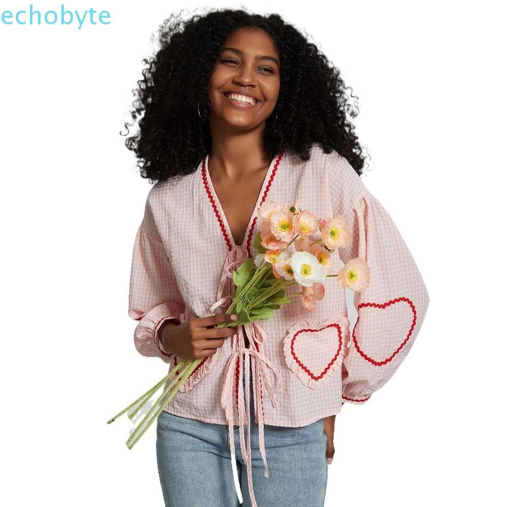 ECHOBYTE ลายสก๊อต Bowknot Lace Up เสื้อ, V คอลายฤดูร้อนผูกโบว์เสื้อ Tops, แฟชั่น Ruffle Love ...