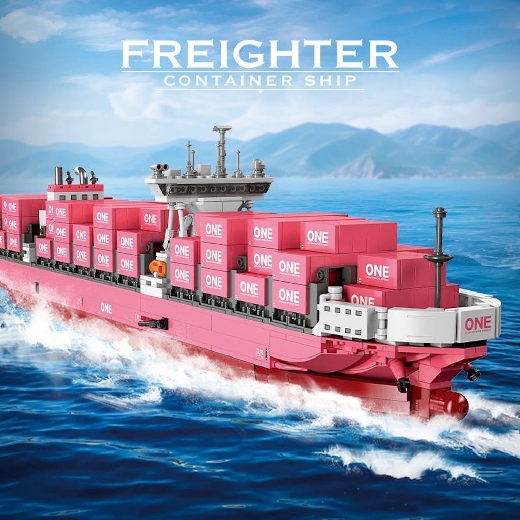 1446PCS MOC ขนาดใหญ่สีชมพู ONE Cargo คอนเทนเนอร์ Freighter เรือของเล่น ...