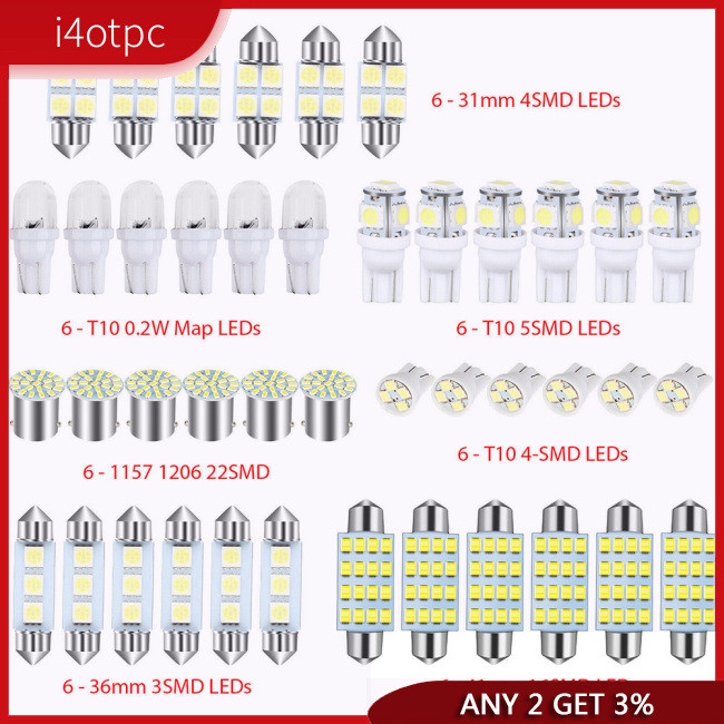 I4otpc 42pcs ภายในรถ LED หลอดไฟชุด 6000K 12V T10 31 มม.36 มม.41 มม.1157 แผ่นป้ายทะเบียนโคมไฟโดม ...