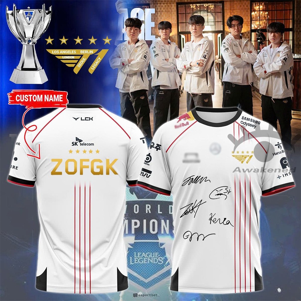 SKT T1 E-Sports Club ลายเซ็น 5 ดาว Tshirt 2024 Worlds Championshis Jersey Zeus Faker แฟนสนับสนุน ...