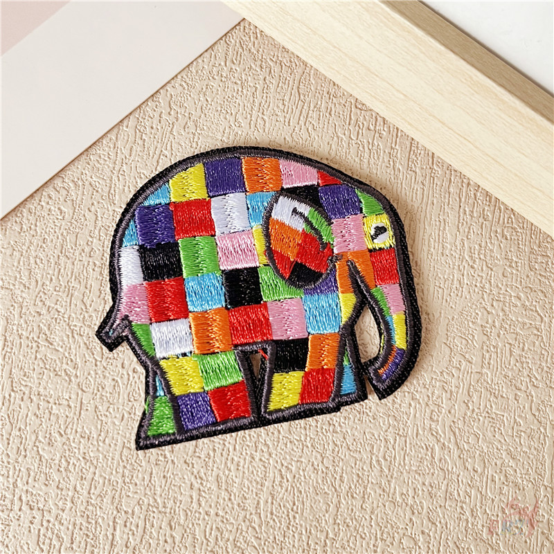 ♥ ช้างสีสันสดใส Elmer - Patchwork Iron-On Patch ♥ 1 ชิ้น DIY เย็บบน ...
