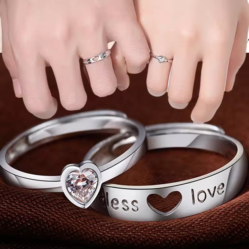 เกาหลี Minimalist Hollowed Out Heart Rhinestone แหวนคู่-ประณีต Shining ...