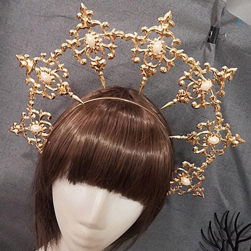ถือ Halos Crowns Headpiece Moon Goddess Tiara Gothic เครื่องประดับผมทอง ...