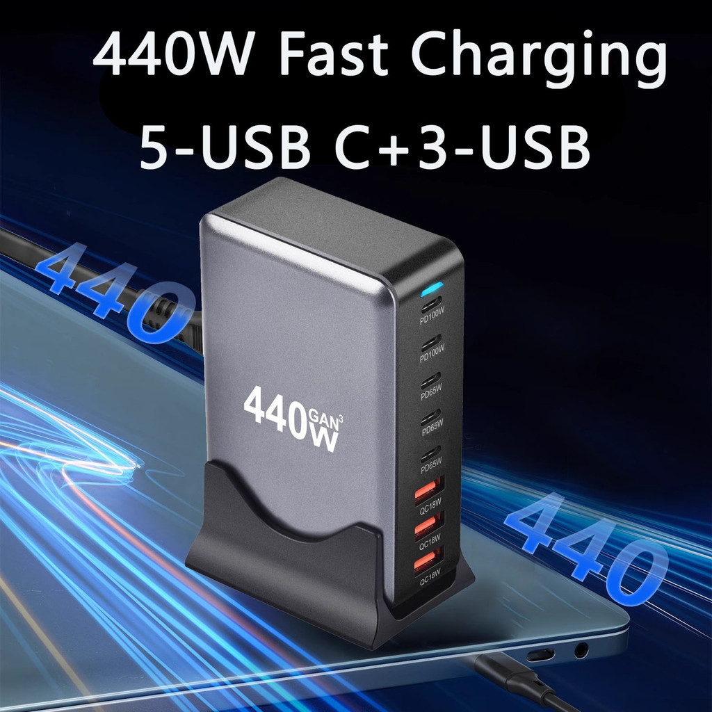 440w 8-Port Multi Type C สถานีชาร์จ Hub GaN PD Fast Charger Power Adapter 5-USB C + 3-USB ...