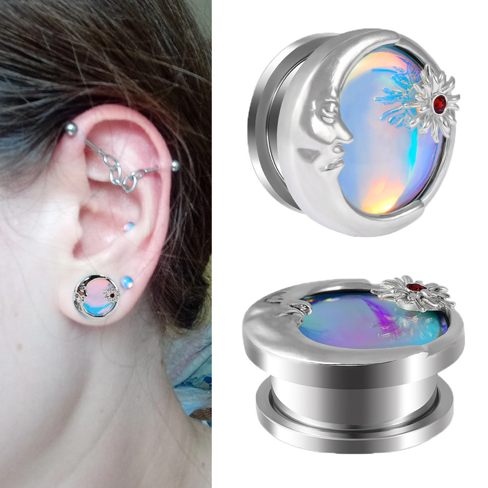 1 คู่สแตนเลส Sun & Moon อุโมงค์หูปลั๊กต่างหูแฟลชฟิล์มสกรู Fit บนเครื่อง ...