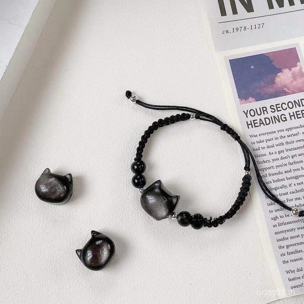 สร้อยข้อมือหัวแมวทำมือจากเชือกถักออบซิเดียน New Fortune Meow Meow ...