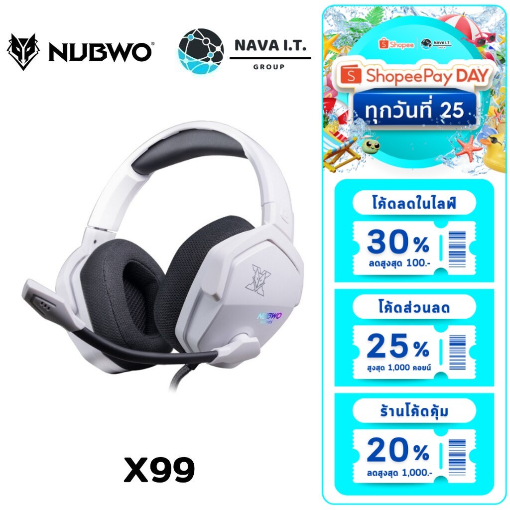 🛵มีส่งด่วน💨 NUBWO X99 WHITE GAMING HEADSET (หูฟัง) HARDCORE (USB/7.1) รับประกัน 2 ปี | Shopee ...