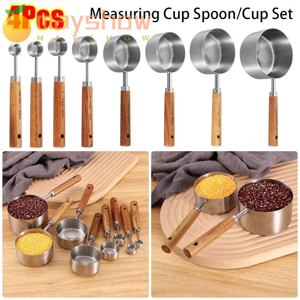 MAYSHOW ช้อนถ้วยตวง 4 ชิ้น, สแตนเลสทองเงินกาแฟช้อนตวง, 1.25-250ml ไม้สีดําจับเบเกอรี่เครื่องมือ ...