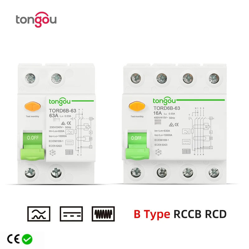 Tongou 2P 4P 63A ประเภท B 10KA RCCB DC RCD 230V 400V 30mA Residual Current Circuit Breaker ...