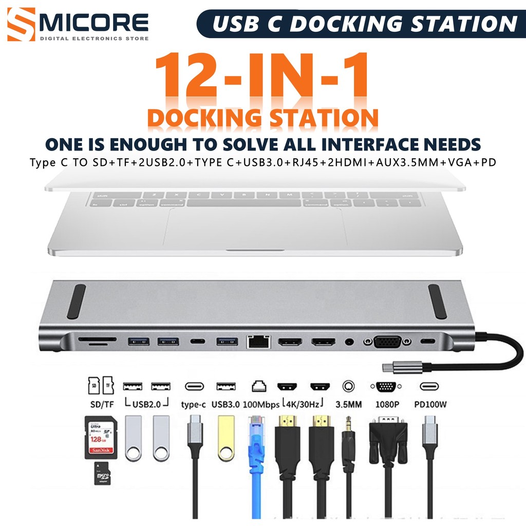 12in1 USB-C HUB พร้อมฐานวาง HDMI 4K VGA RJ45 PD 100W USB3.0 SD TF Docking Station สำหรับ Mac ...