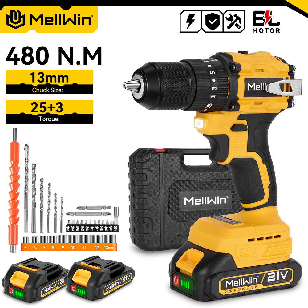 Mellwin 13 มม.Brushless ค้อนไฟฟ้าเจาะ 25 + 3 แรงบิดแบนเจาะไขควงชุด DIY เครื่องมือไฟฟ้าสําหรับ ...