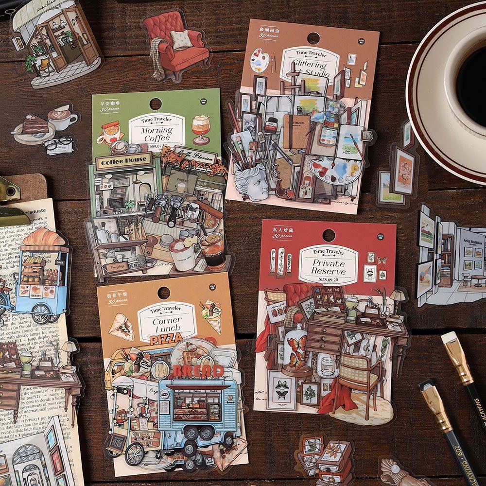 Kowei 30 ชิ้น [Time Traveler Series] วัสดุสไตล์วินเทจคู่มือบัญชีสติกเก ...