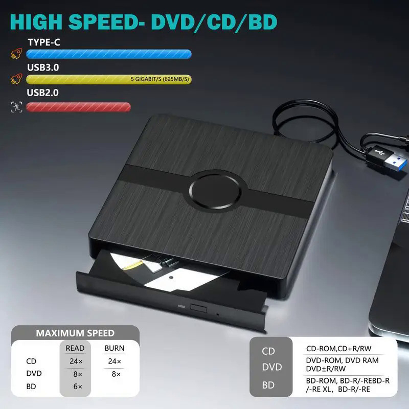 External Blu-Ray DVD Drive USB 3.0 Portable Optical Drive CD DVD ...
