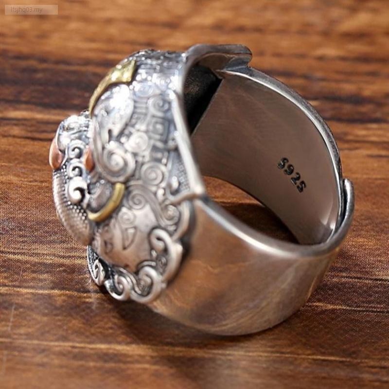 [Xiangrui Pixiu Ring] แหวนปี่เซียะครอบงําชาย 925 แหวนเงินโบราณปากปรับ ...