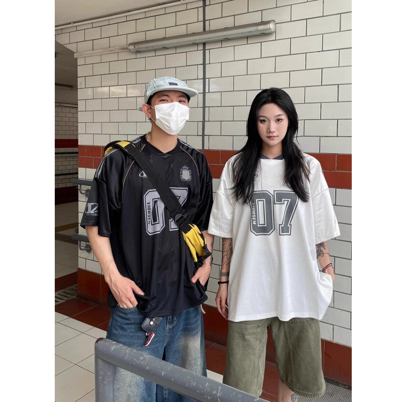 เสื้อยืดผู้ชายแขนสั้น American high street หลวมสบายๆแห้งเร็วตาข่ายเสื้อ ...