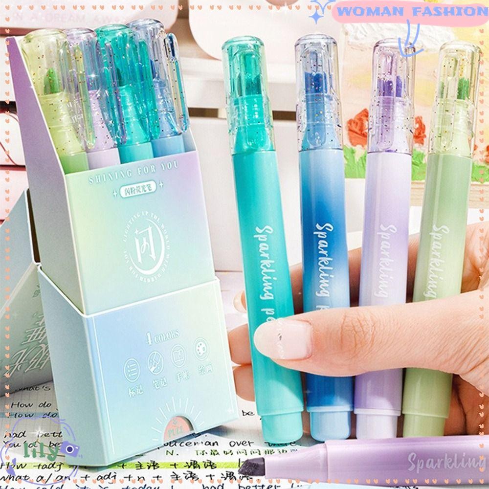 LILY 4PCs/ชุดปากกาเรืองแสง,ปลายเฉียง Glitter Shiny Highlighter ปากกา ...