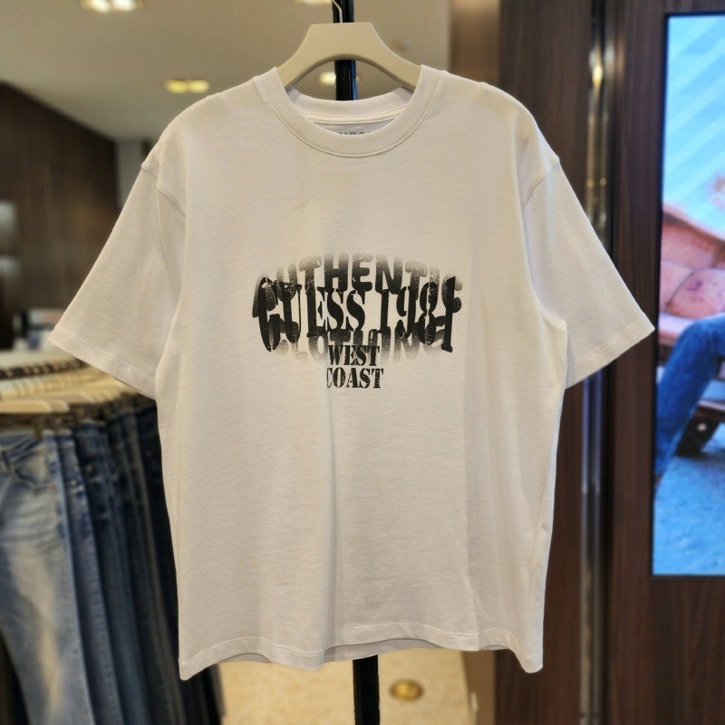 ใหม่พร้อมสต็อก GUESS Blur Letter พิมพ์ลูกเรือคอคู่เสื้อยืดผ้าฝ้าย 100% ...