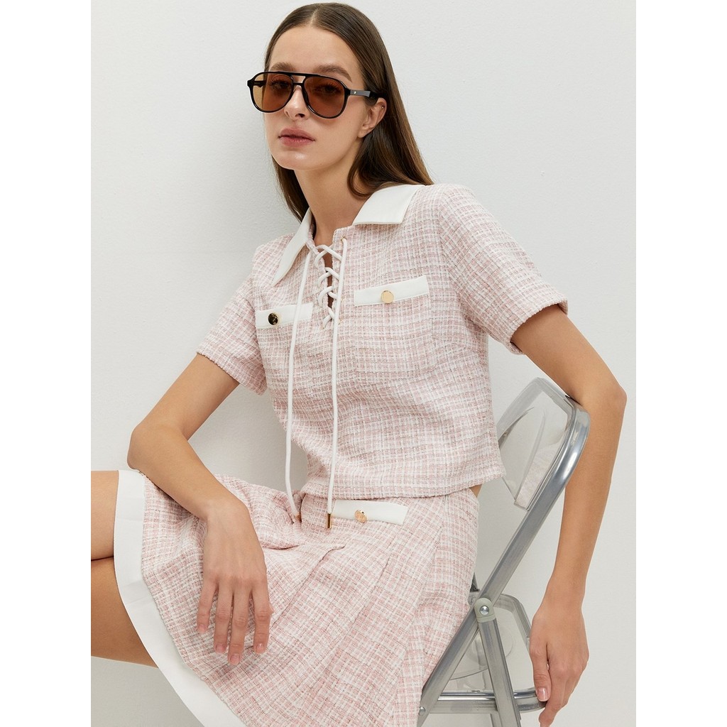 [Pomelo] เสื้อทวีตแต่งเชือกผูก / Lace-Up Tweed Top | Shopee Thailand