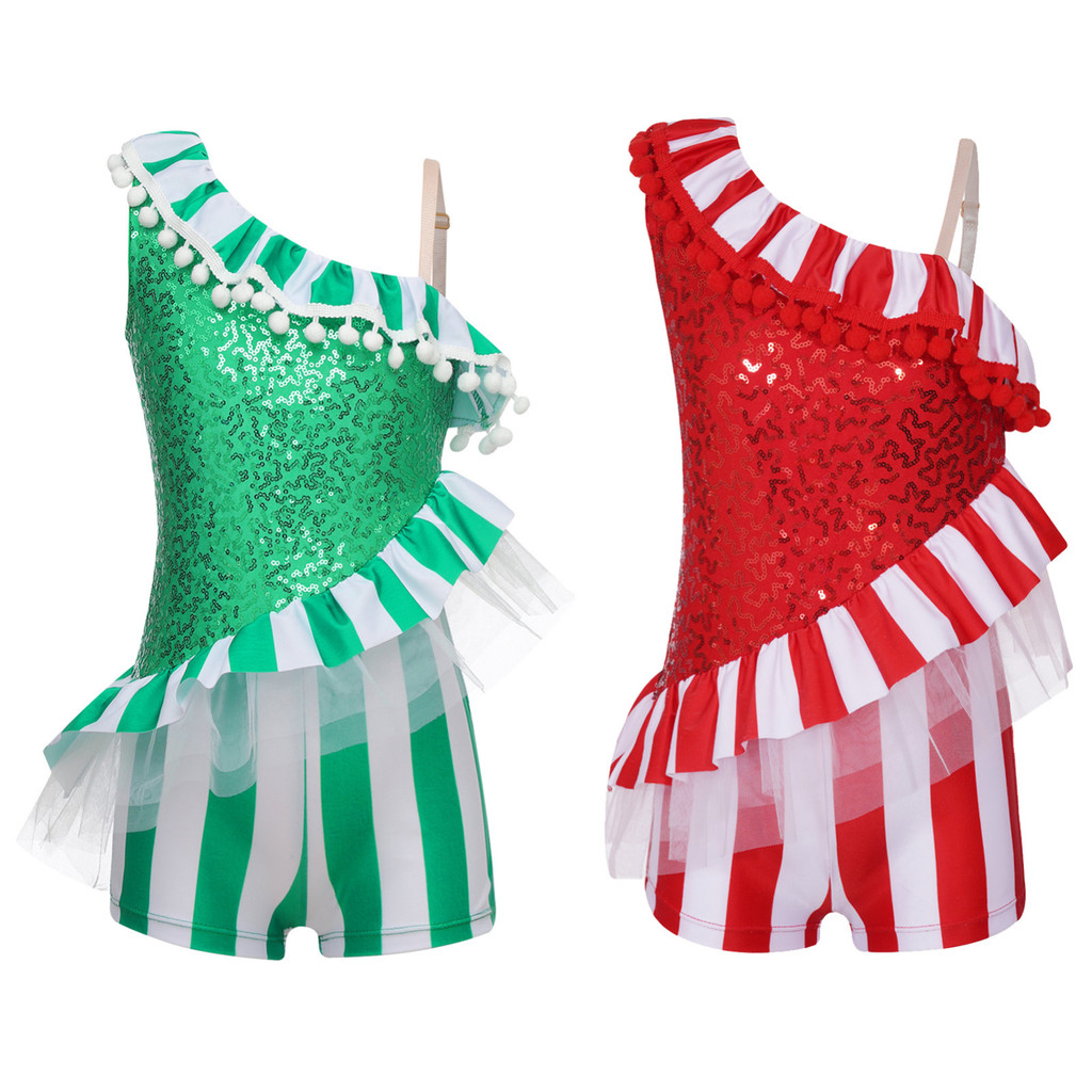 Yhong เด็กสาวคริสต์มาส Candy Cane เครื่องแต่งกายไม่สมมาตรสายรัดไหล่แขน ...