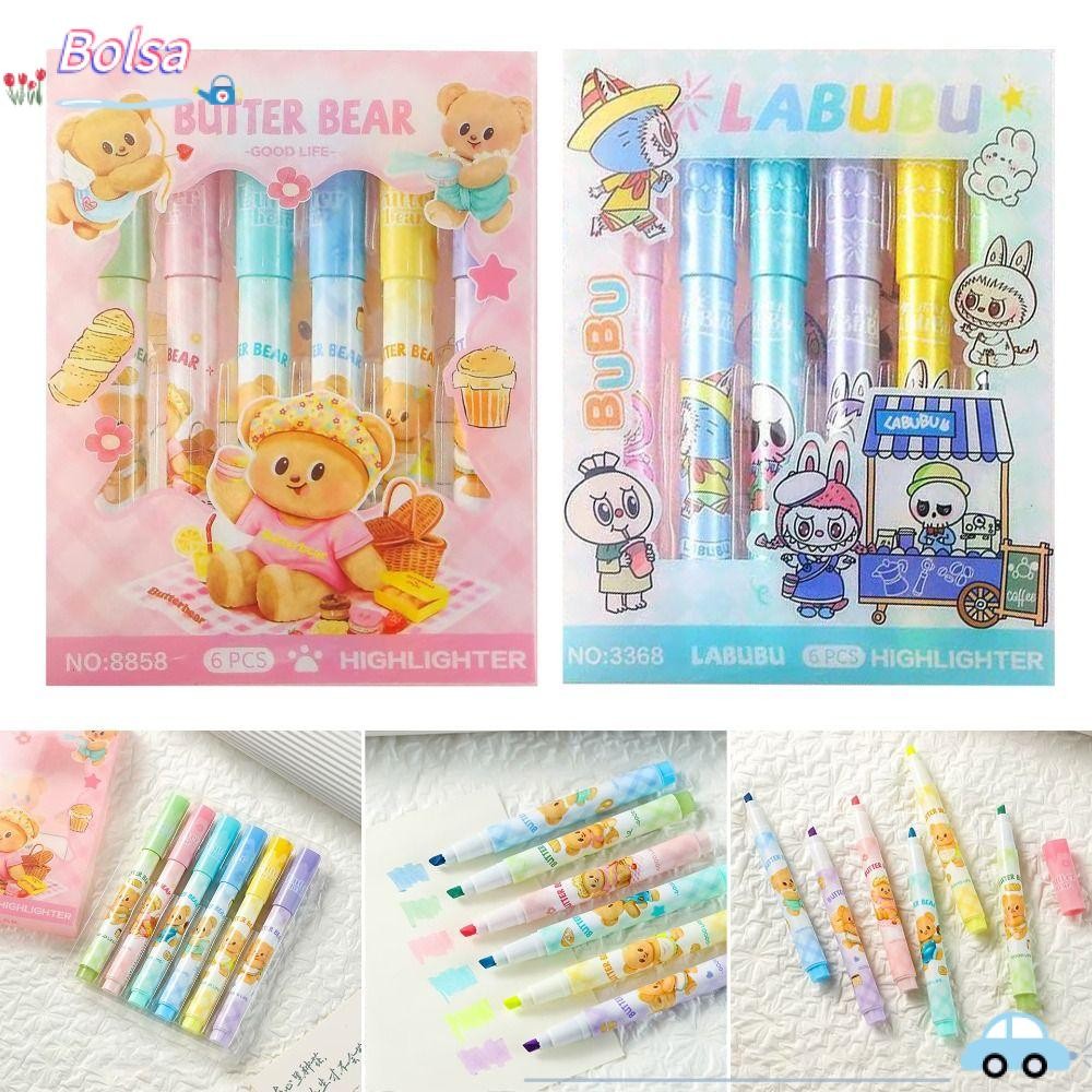 Bolsa Butter Bear Highlighter, Stackable สีเฉียง Nib Labubu ปากกาเรืองแสง,แบบพกพา 6 สีนักเรียน ...