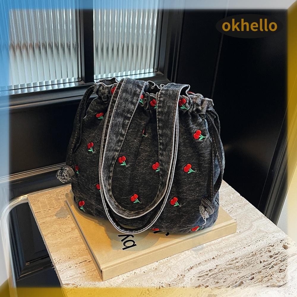 [Okhello.th] Women Denim Shoulder Bag Drawstring Handbag Jean Tote Bag ...