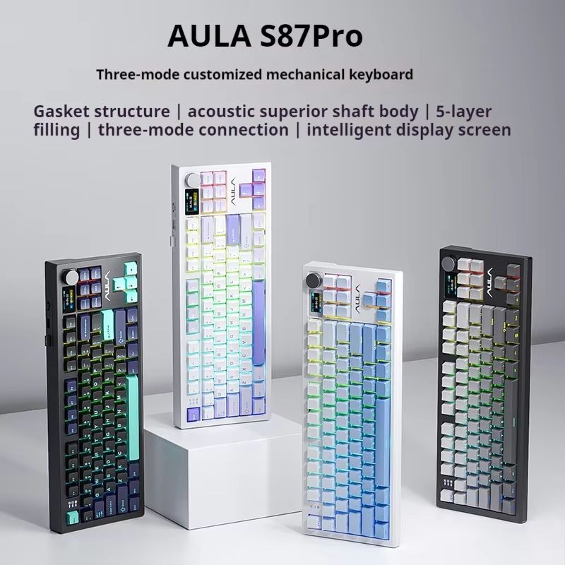 Aula S87 pro Tri-mode RGB ที่กําหนดเองคีย์บอร์ดไร้สายบลูทูธสายจอแสดงผลปะเก็น Full-key Hot ...