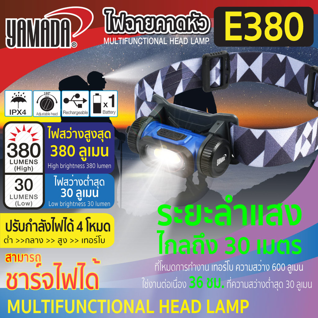 ไฟฉายคาดหัว รุ่น E380 YAMADA ใช้งานต่อเนื่องสูงสุด 36 ชั่วโมง | Shopee Thailand