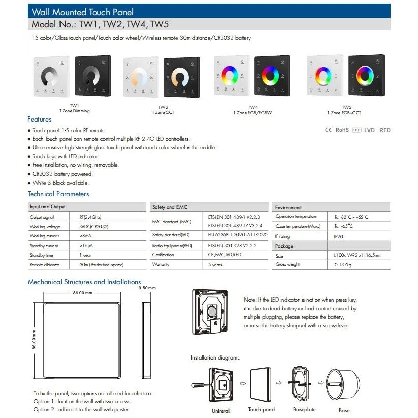 Wz1 Tuya LED Controller ZigBee 2CH*5A ไร้สาย RF Dimmer RT1 RT2 TW1 TW2 แผง Controller DC12-24V ...
